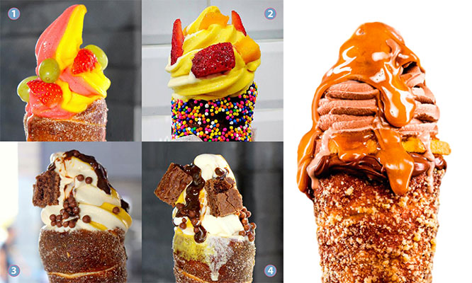2 o 3 Conos Rellenos de helado soft de frutas con 2 sabores, 2 toppings ...